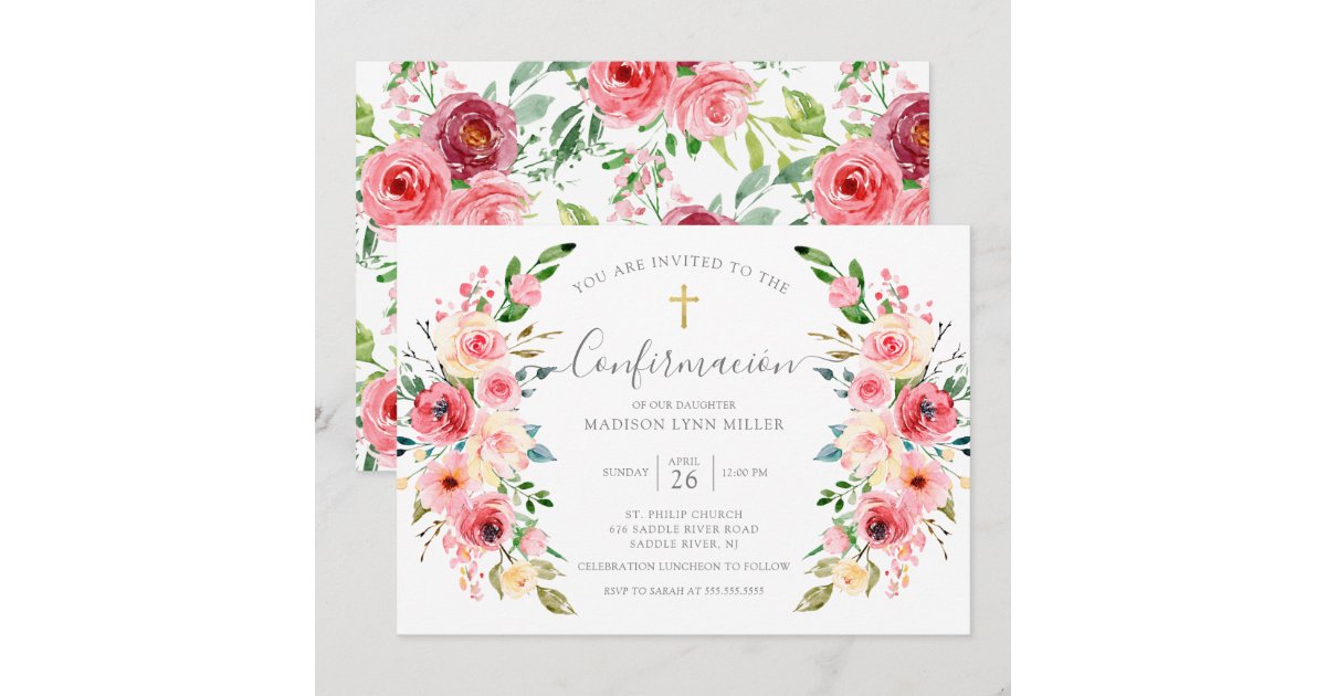 Peonies Rose Spanish Confirmation Invitation | Zazzle