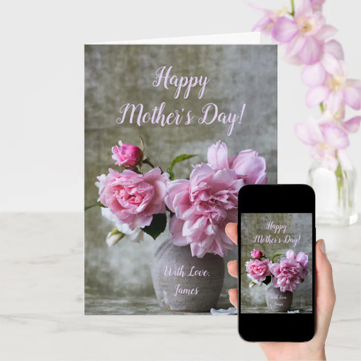 Peony Pink Rose Flowers in Vase Happy Mother's Day Card | Zazzle