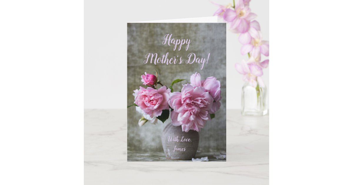 Peony Pink Rose Flowers in Vase Happy Mother's Day Card | Zazzle