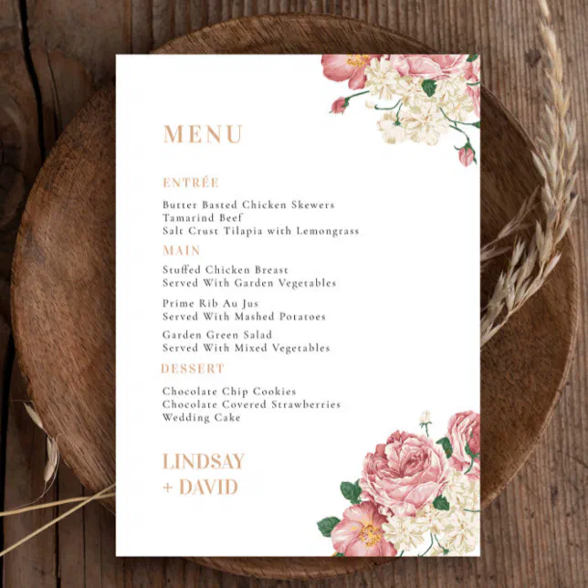 Peony Rose Bouquet Flowers Menu Card | Zazzle