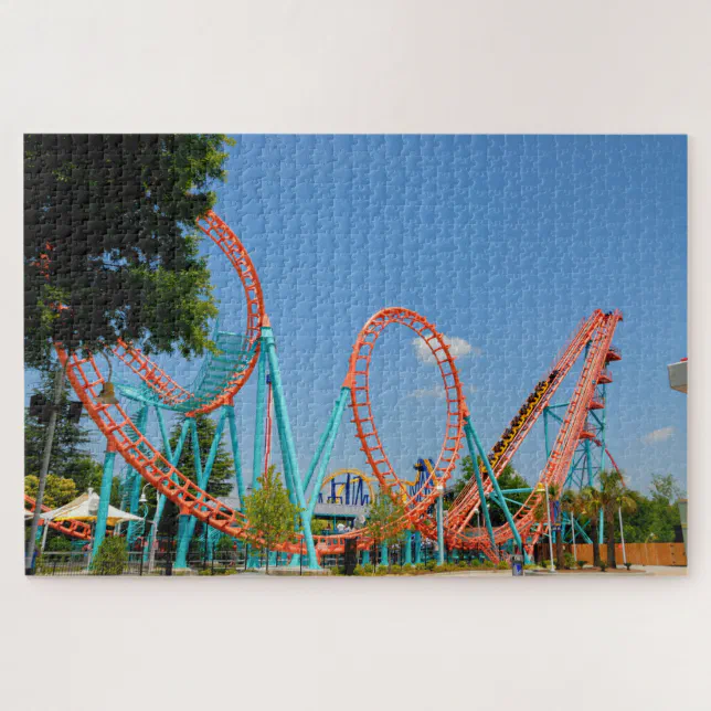 People riding roller coaster background jigsaw puzzle | Zazzle