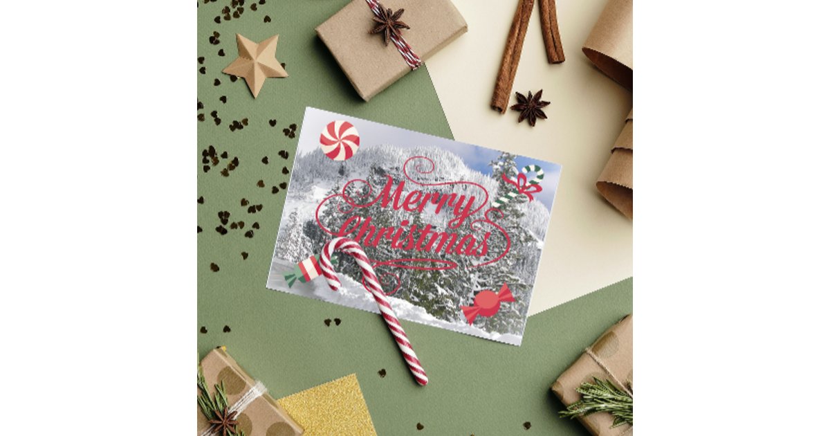 Peppermint Candies and Winter Snow Christmas Card | Zazzle