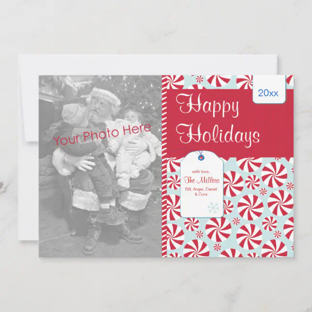 Peppermint Candy Red and Blue Holiday Photo Card | Zazzle