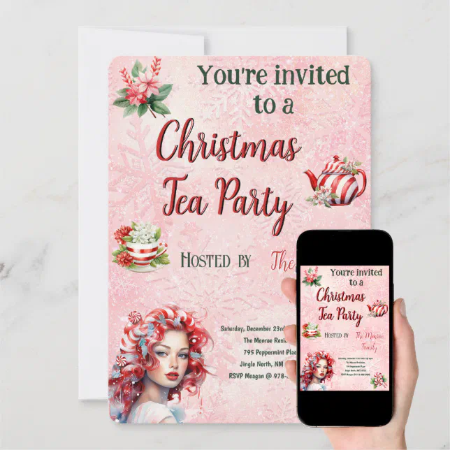 Peppermint Christmas Tea Party Pink Snowflake Holiday Card | Zazzle