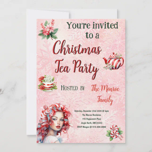 Peppermint Christmas Tea Party Pink Snowflake Invitation | Zazzle