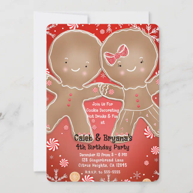Peppermint Gingerbread Boy & Girl Birthday Party Invitation | Zazzle