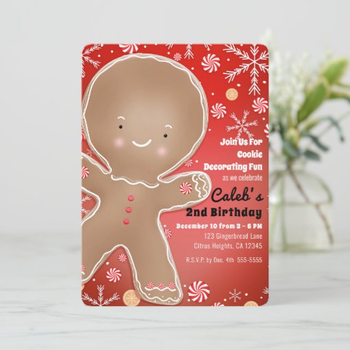 Peppermint Gingerbread Man Holiday Birthday Party Invitation | Zazzle