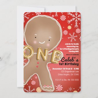 Peppermint Gingerbread Man ONE 1st Birthday Party Invitation | Zazzle