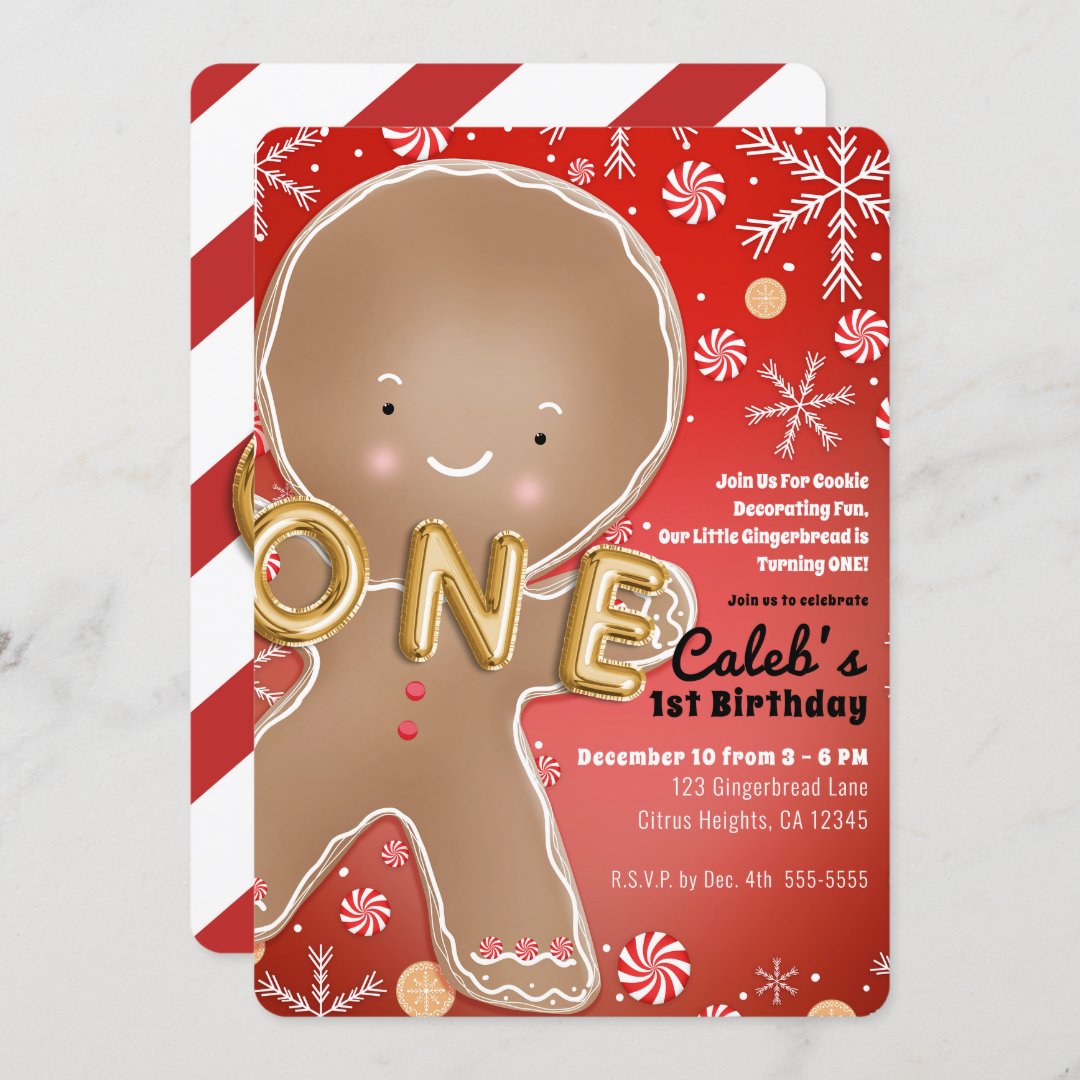 Peppermint Gingerbread Man ONE 1st Birthday Party Invitation | Zazzle