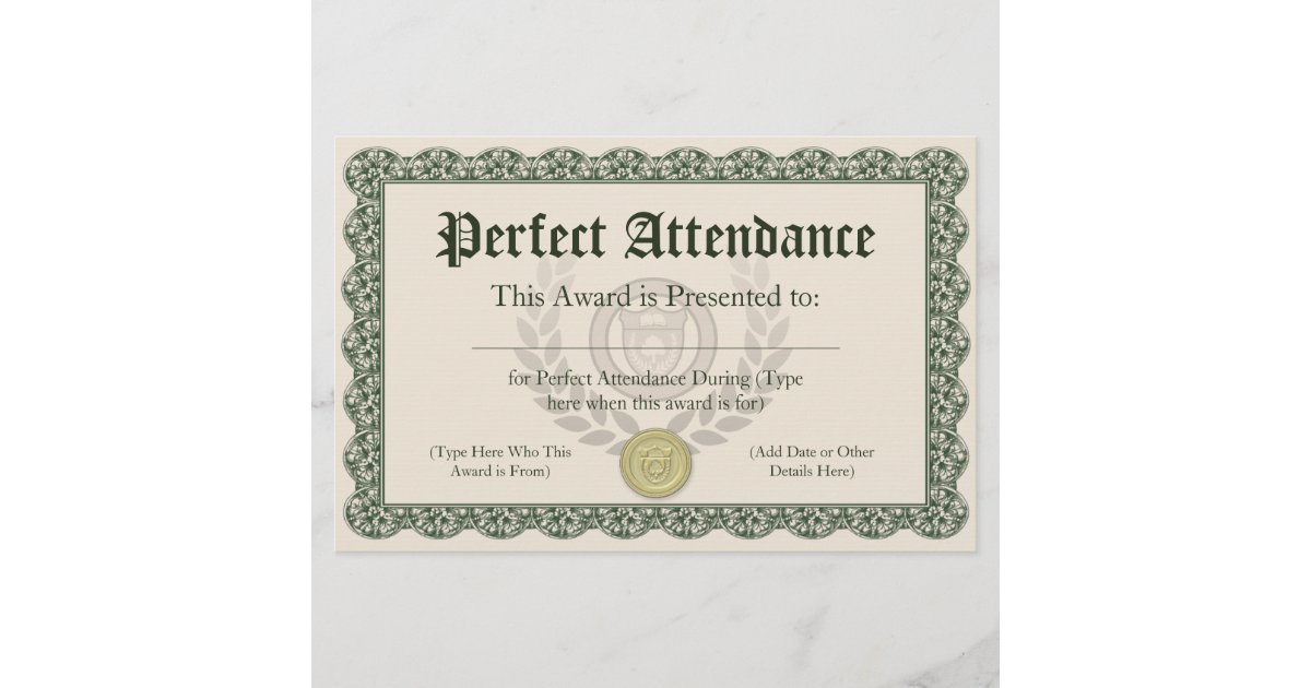 Perfect Attendance Award Certificate, Customizable | Zazzle