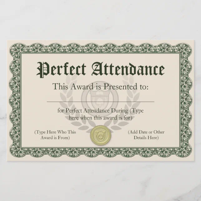 Perfect Attendance Award Certificate, Customizable | Zazzle
