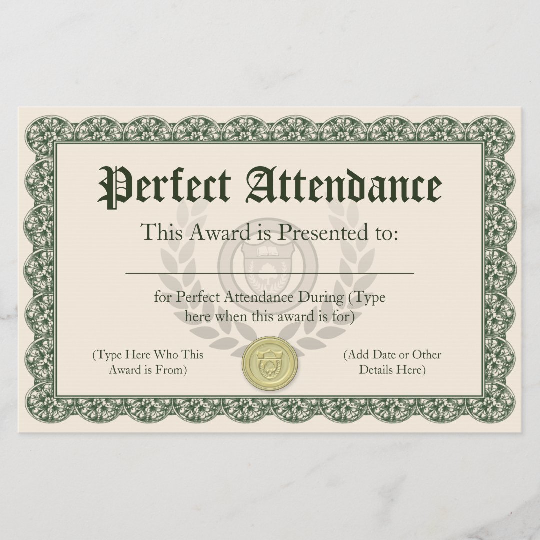 Perfect Attendance Award Certificate, Customizable | Zazzle