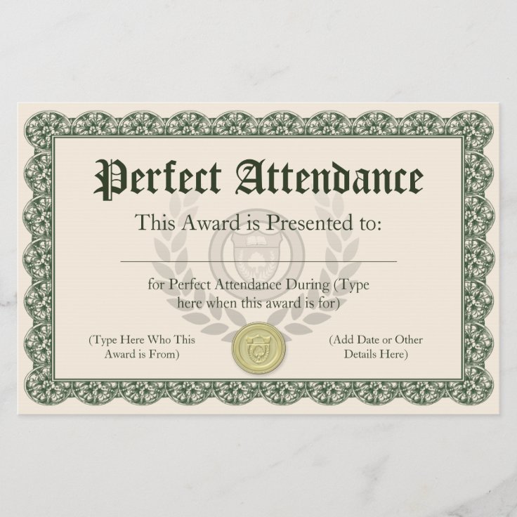 Perfect Attendance Award Certificate, Customizable | Zazzle