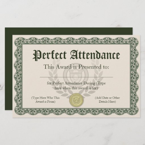 Perfect Attendance Award Certificate, Customizable | Zazzle