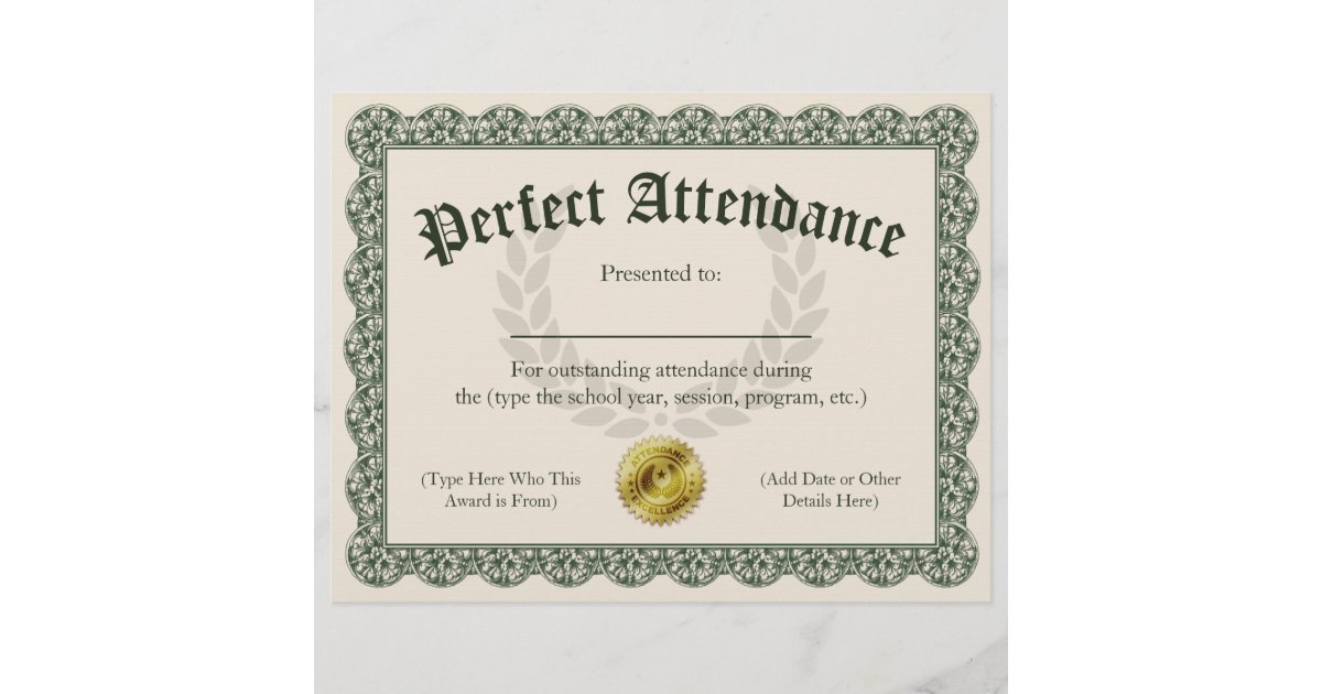 Perfect Attendance Certificate Customizable 8.5x11 | Zazzle