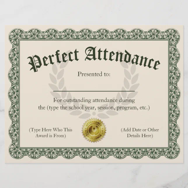 Perfect Attendance Certificate Customizable 8.5x11 | Zazzle