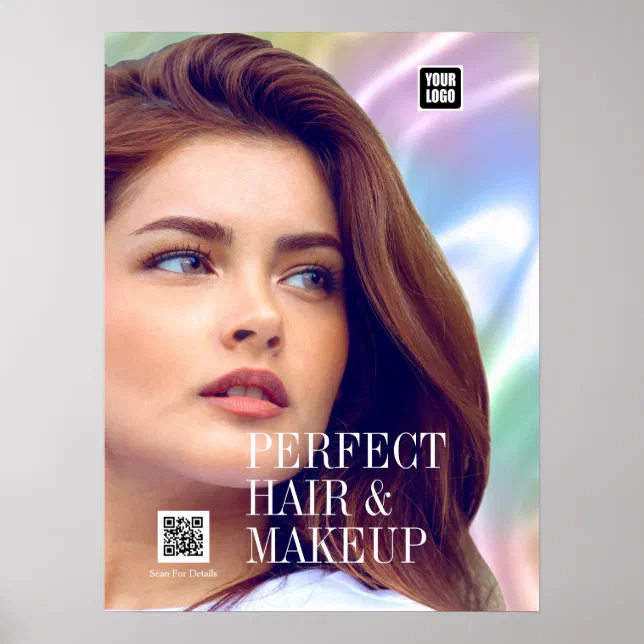 PERFECT HAIR & MAKEUP Girl Hair Salon Logo QR Code Poster | Zazzle