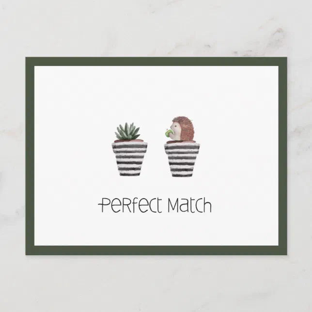 Perfect Match | Cute Hedgehog & Cactus Love Postcard | Zazzle