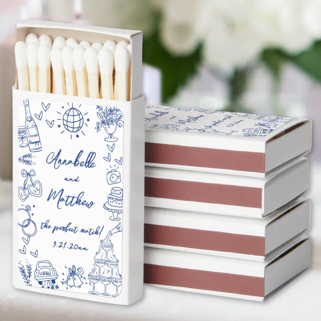 Perfect Match Drawn Blue Wedding Matchbox Favors | Zazzle