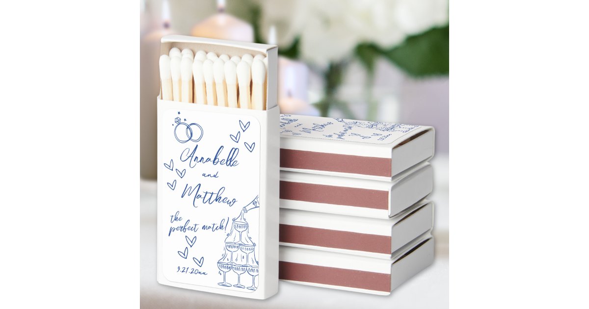 Perfect Match Drawn Blue Wedding Matchbox Favors | Zazzle