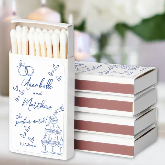 Perfect Match Drawn Blue Wedding Matchbox Favors | Zazzle