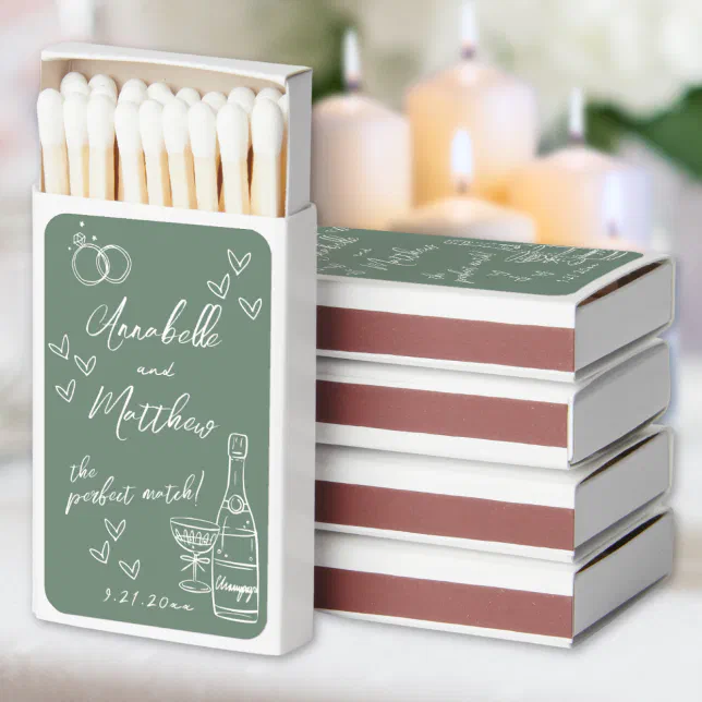 Perfect Match Hand Drawn Green Wedding Matchbox | Zazzle