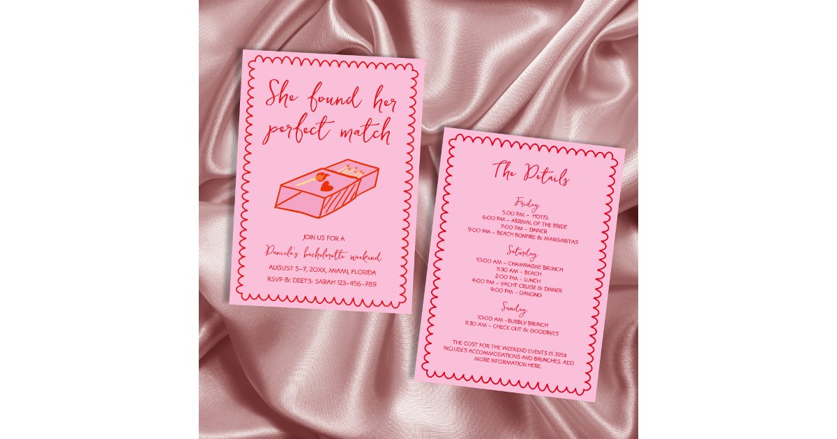 Perfect Match Hand Drawn Pink Bachelorette Weekend Invitation | Zazzle