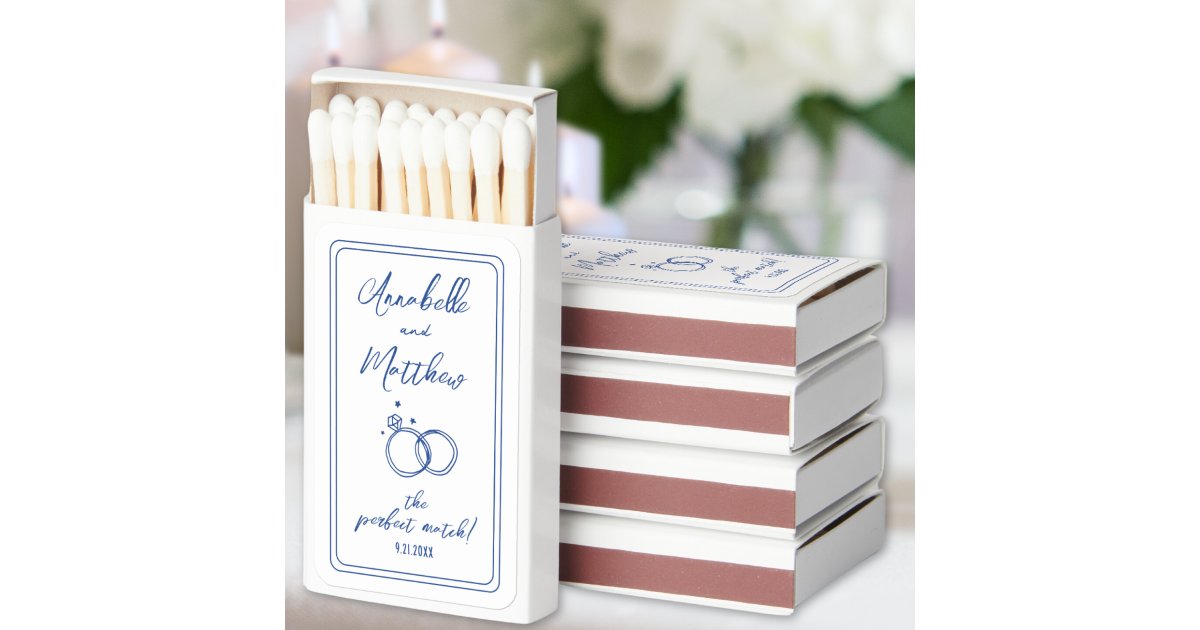 Perfect Match Simple Sketch Blue Wedding Matchbox | Zazzle