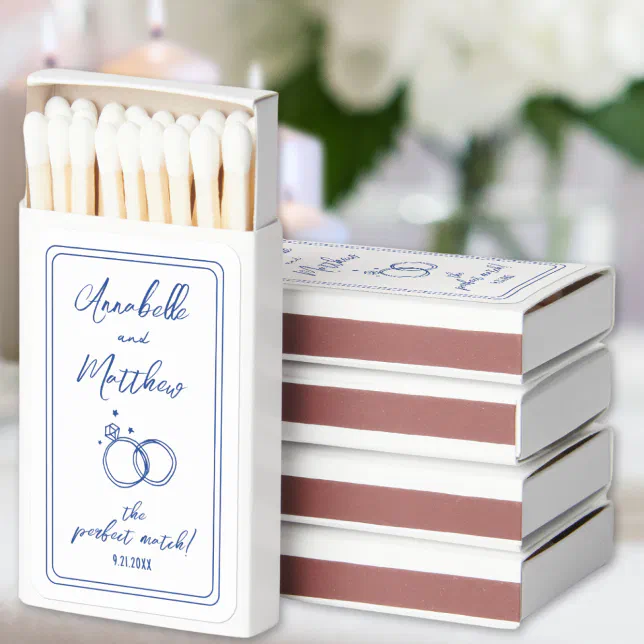 Perfect Match Simple Sketch Blue Wedding Matchbox | Zazzle