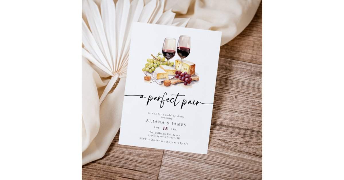 Perfect Pair Watercolor Wine Cheese Wedding Shower Invitation | Zazzle