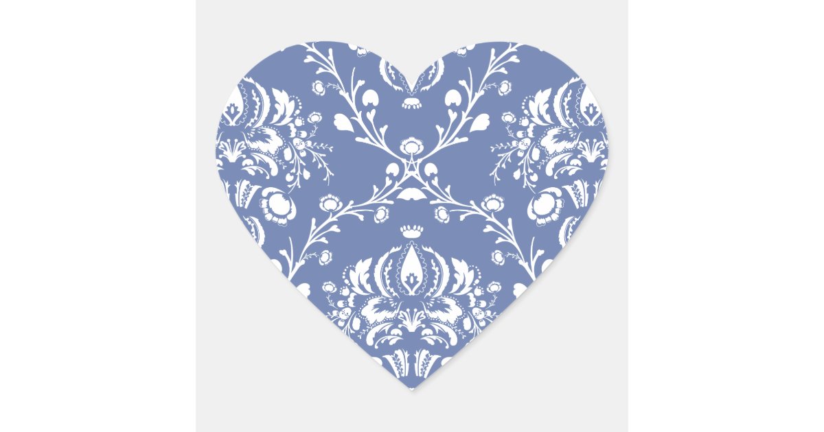 Periwinkle Blue and White Damask Heart Sticker | Zazzle