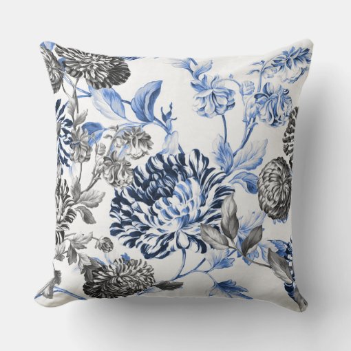 Periwinkle Blue Black White Botanical Floral Toile Throw Pillow | Zazzle