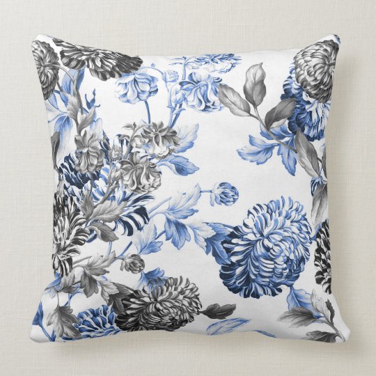 Periwinkle Blue Black White Botanical Floral Toile Throw Pillow ...