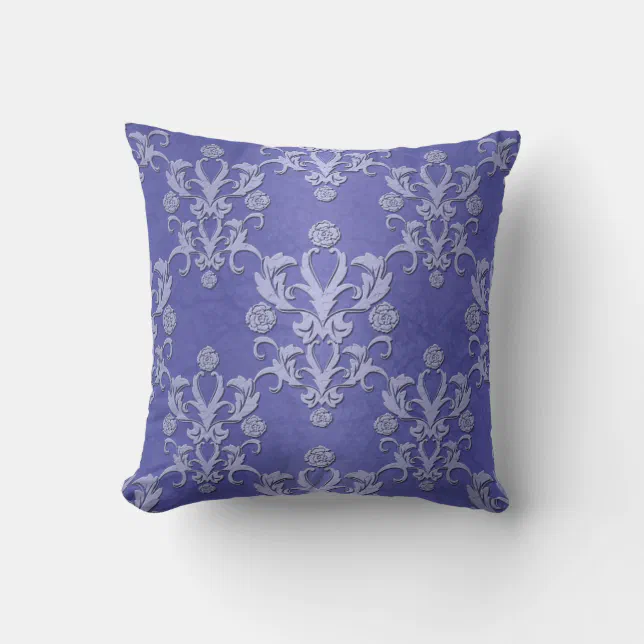Periwinkle Blue Fancy Floral Damask Pattern Throw Pillow | Zazzle