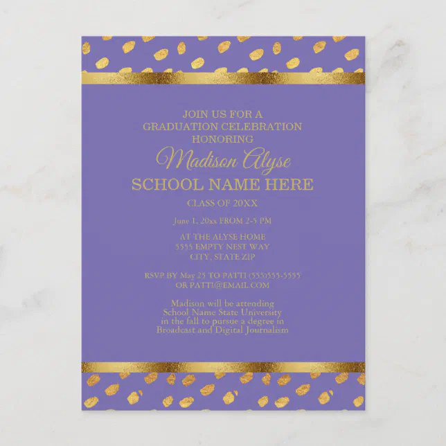 Periwinkle Blue Gold Graduation Party Invitation Postcard | Zazzle
