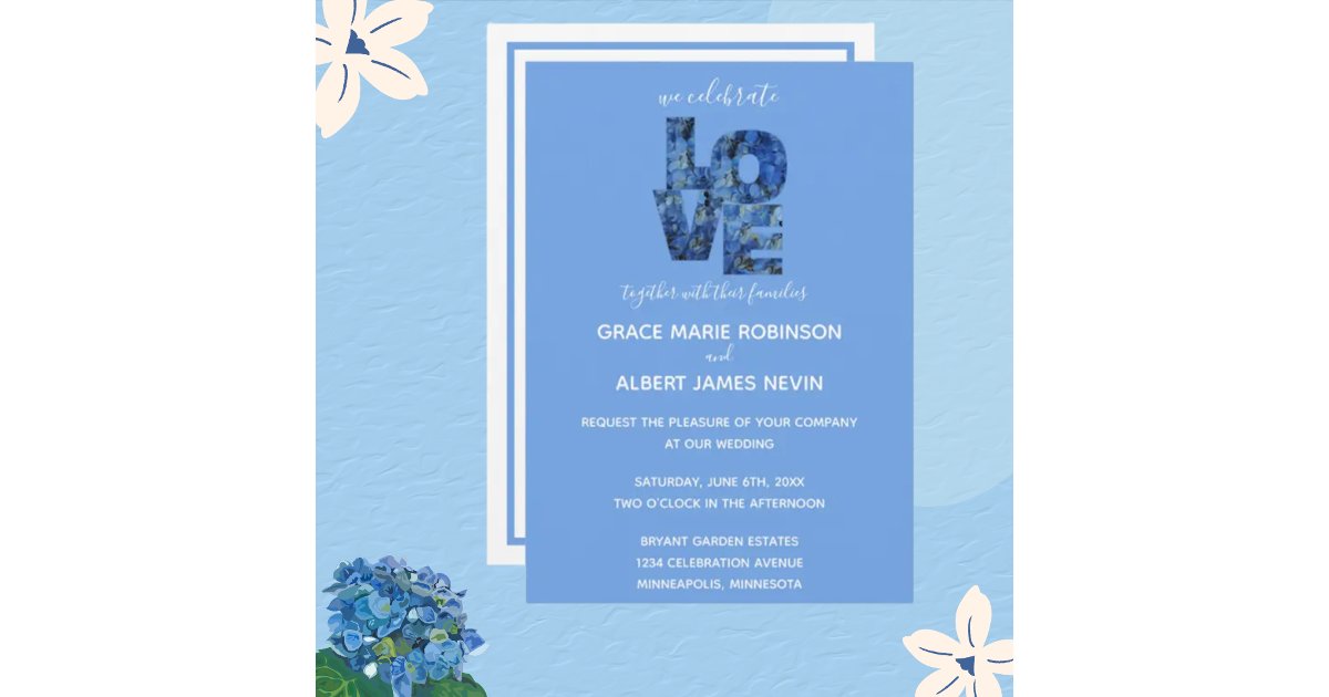 Periwinkle Blue Hydrangeas LOVE Wedding Invitation | Zazzle