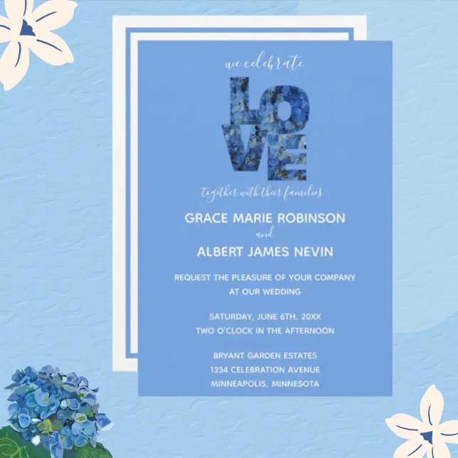 Periwinkle Blue Hydrangeas LOVE Wedding Invitation | Zazzle