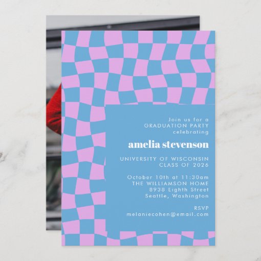 Periwinkle Checkerboard Graduation Party Photo Invitation | Zazzle