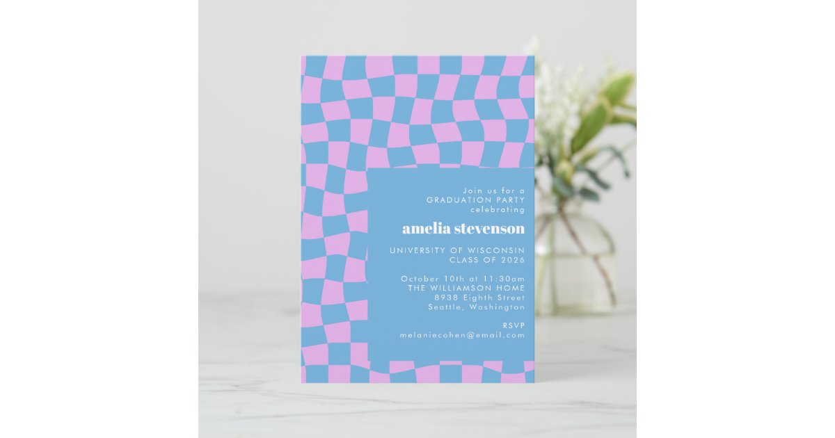 Periwinkle Checkerboard Graduation Party Photo Invitation | Zazzle