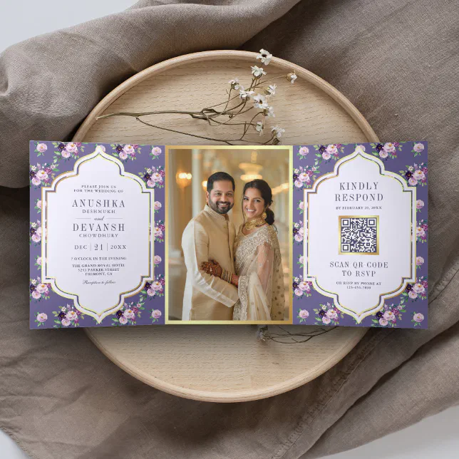 Periwinkle Floral Pattern QR Code Indian Wedding Tri-Fold Invitation ...