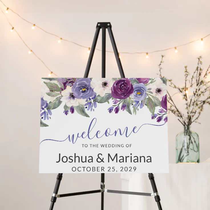 Periwinkle Fuchsia Watercolor Floral Wedding Sign | Zazzle
