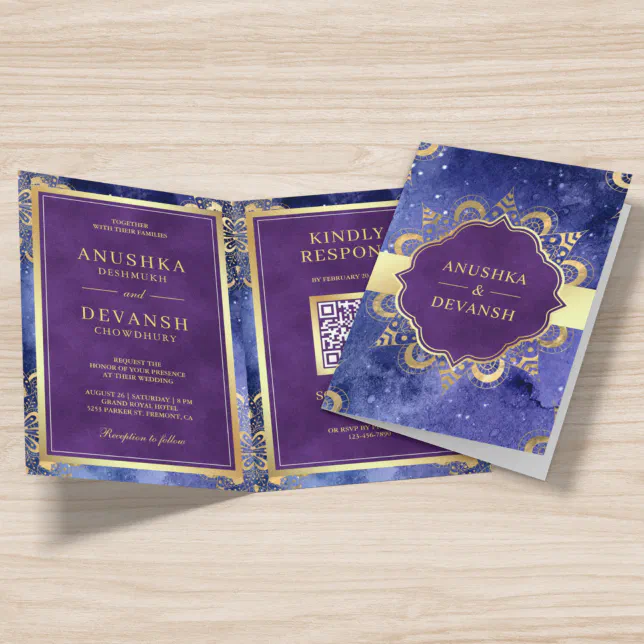 Periwinkle Galaxy Mandala QR Code Indian Wedding Invitation | Zazzle