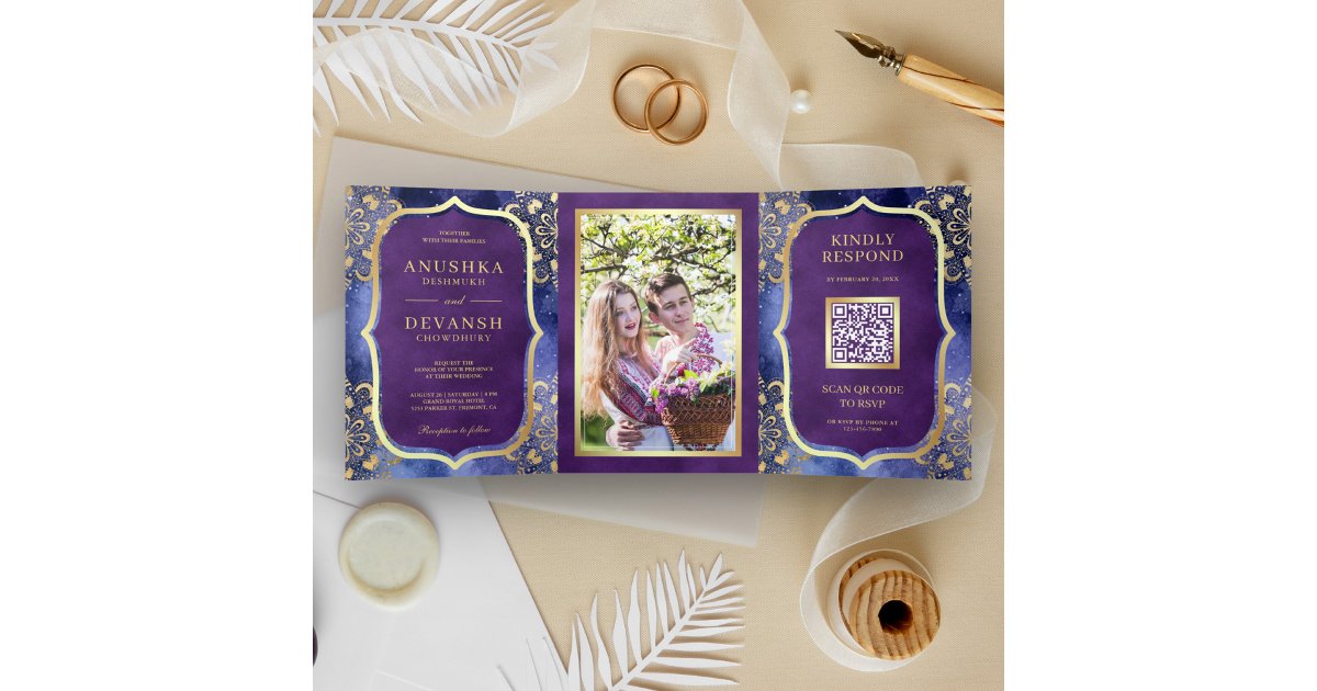 Periwinkle Galaxy Mandala QR Code Indian Wedding Tri-Fold Invitation ...