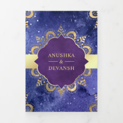 Periwinkle Galaxy Mandala QR Code Indian Wedding Tri-Fold Invitation ...