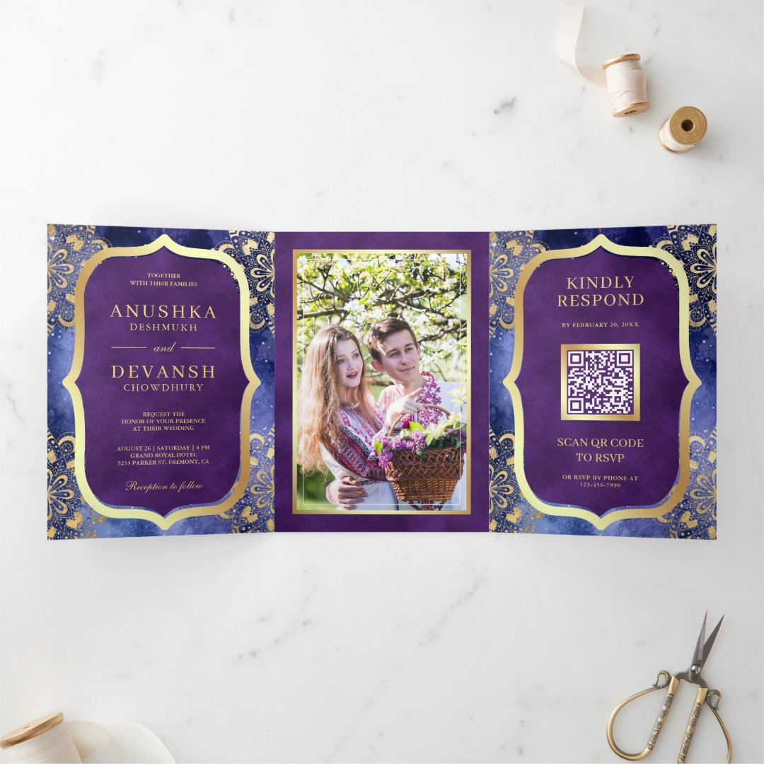 Periwinkle Galaxy Mandala QR Code Indian Wedding Tri-Fold Invitation ...
