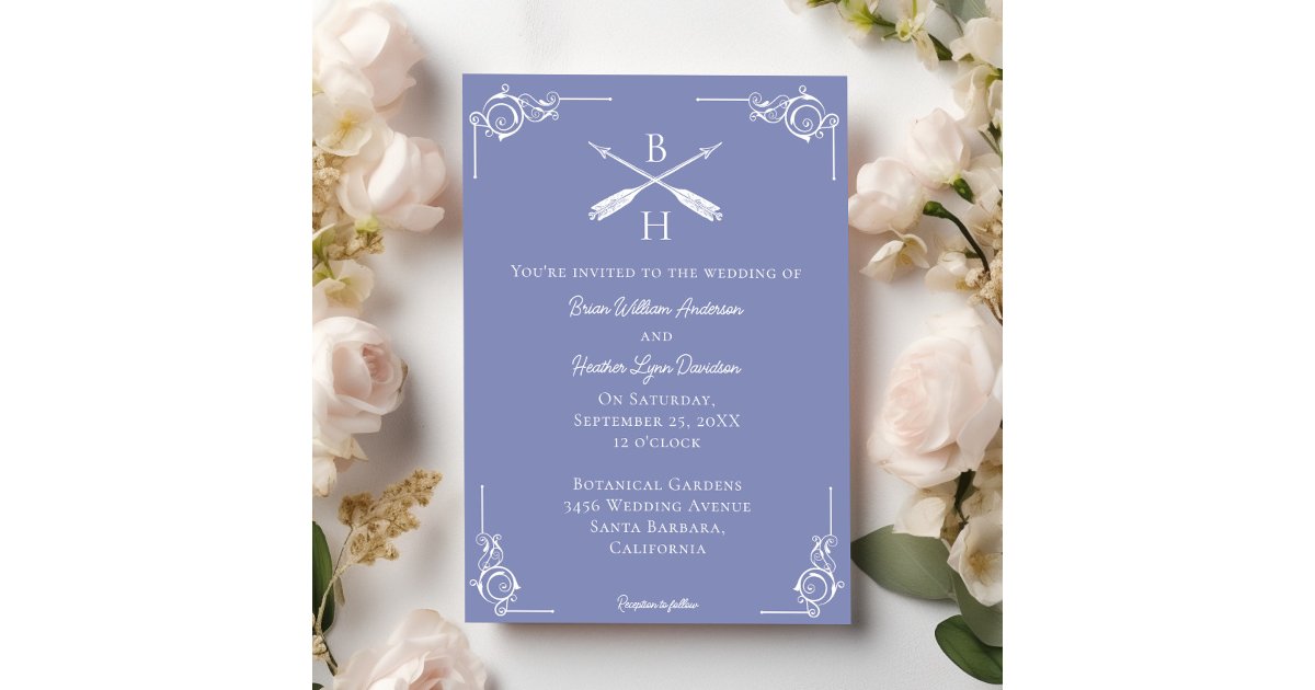 Periwinkle Monogram and Arrows Wedding Invitation | Zazzle