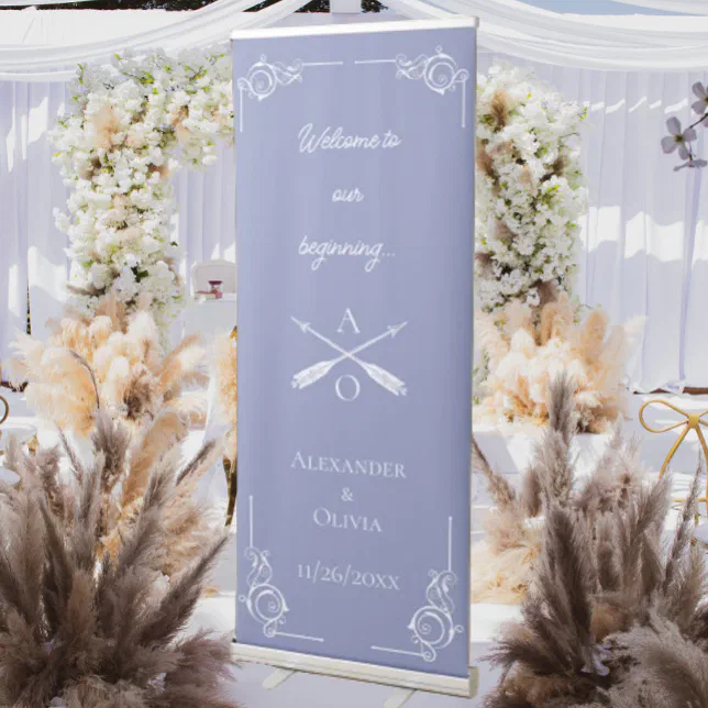 Periwinkle Monogram and Arrows Wedding Retractable Banner | Zazzle