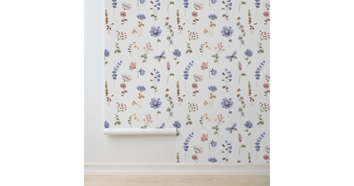 Periwinkle Pink Watercolor Wildflowers Butterfly Wallpaper | Zazzle