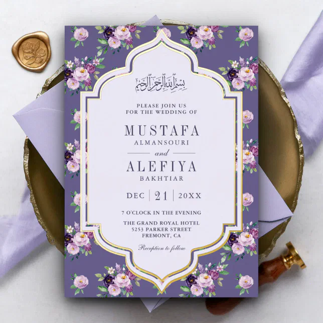 Periwinkle Purple Floral Muslim Wedding Gold Foil Invitation | Zazzle