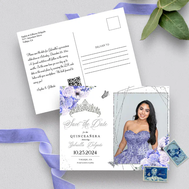 Periwinkle Silver Tiara Quinceañera Photo Postcard | Zazzle